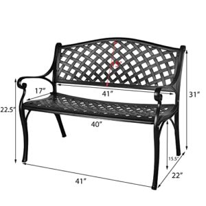 GIODIR Outdoor Patio Garden Bench All-Weather Cast Aluminum Loveseats Park Yard Furniture Porch Chair Work Entryway Decor w/Checkered Design (Black)