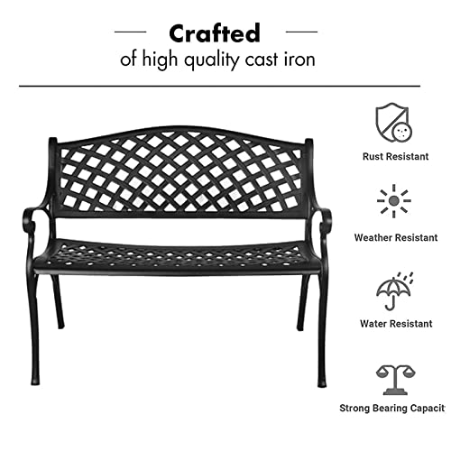 GIODIR Outdoor Patio Garden Bench All-Weather Cast Aluminum Loveseats Park Yard Furniture Porch Chair Work Entryway Decor w/Checkered Design (Black)