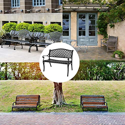 GIODIR Outdoor Patio Garden Bench All-Weather Cast Aluminum Loveseats Park Yard Furniture Porch Chair Work Entryway Decor w/Checkered Design (Black)