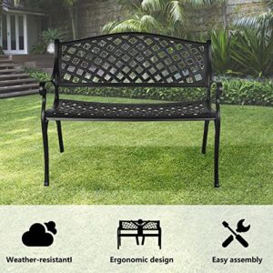 GIODIR Outdoor Patio Garden Bench All-Weather Cast Aluminum Loveseats Park Yard Furniture Porch Chair Work Entryway Decor w/Checkered Design (Black)