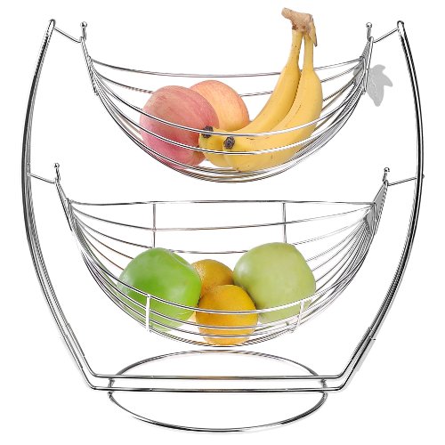 MyGift® Silver Metal 2 Tier Hammock Style Fruit Basket Bowl and Vegetable Produce Storage Rack Kitchen Counter Display Stand