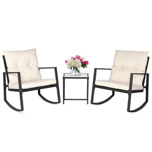 suncrown 3 piece outdoor rocking bistro set black wicker furniture porch chairs conversation sets with glass coffee table, beige