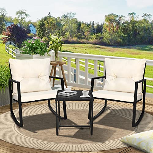 SUNCROWN 3 Piece Outdoor Rocking Bistro Set Black Wicker Furniture Porch Chairs Conversation Sets with Glass Coffee Table, Beige