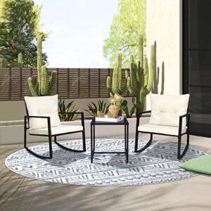 SUNCROWN 3 Piece Outdoor Rocking Bistro Set Black Wicker Furniture Porch Chairs Conversation Sets with Glass Coffee Table, Beige