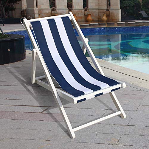 Outdoor Folding Chairs, Adjustable Populus Wood Patio Sling Chairs Outdoor, Folding Sling Lounge Chairs for Outside, with Broad Blue Stripe