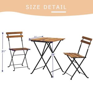 SUNBURY 3 Piece Patio Bistro Set, Outdoor Furniture Set, Weather-Resistant Folding Table and Chairs, Wooden Top Steel Frame Foldable Chairs for Outdoor/Indoor, Balcony (Burlywood)