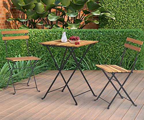 SUNBURY 3 Piece Patio Bistro Set, Outdoor Furniture Set, Weather-Resistant Folding Table and Chairs, Wooden Top Steel Frame Foldable Chairs for Outdoor/Indoor, Balcony (Burlywood)