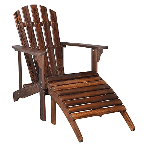 Outvita Adirondack Chair with Ottoman, Outdoor Wooden Lounge Chair, All Weather Patio Carbonized Furniture Chair for Pool Lawn Fire Pit Yard Beach