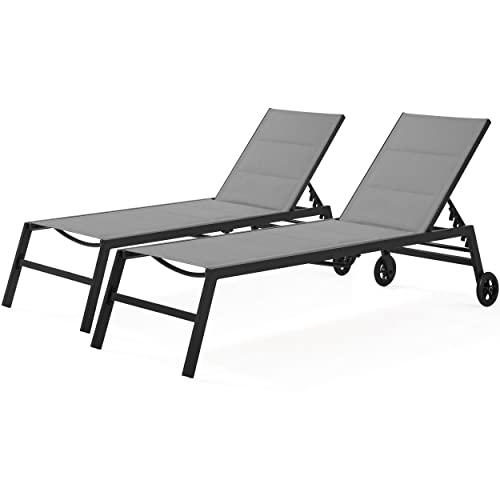 Topeakmart Outdoor Lounger, Patio Chaise Lounge Set with Wheels, All Weather 5-Position Adjustable Reclining Chair for Pool Yard Deck Beach Dark Gray