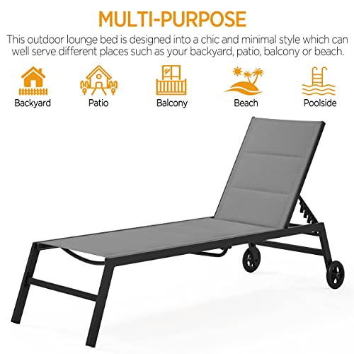 Topeakmart Outdoor Lounger, Patio Chaise Lounge Set with Wheels, All Weather 5-Position Adjustable Reclining Chair for Pool Yard Deck Beach Dark Gray