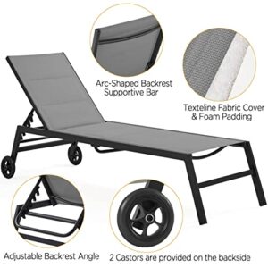 Topeakmart Outdoor Lounger, Patio Chaise Lounge Set with Wheels, All Weather 5-Position Adjustable Reclining Chair for Pool Yard Deck Beach Dark Gray