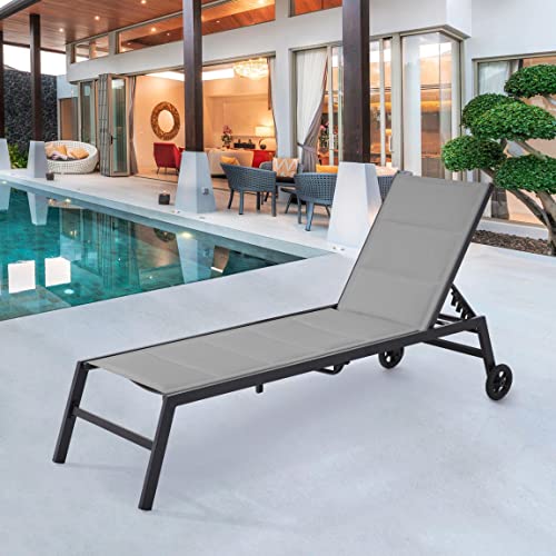 Topeakmart Outdoor Lounger, Patio Chaise Lounge Set with Wheels, All Weather 5-Position Adjustable Reclining Chair for Pool Yard Deck Beach Dark Gray