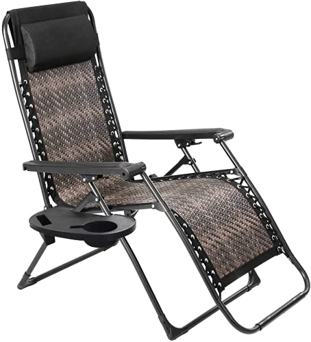 Omelaza Outdoor Zero Gravity Lounge Chair, Adjustable Reclining Patio Folding Chair with Headrest and Cup Holder, All-Weather Rattan Wicker for Pool, Yard, Garden - Grey