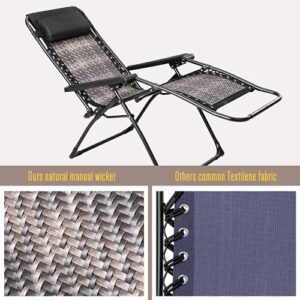 Omelaza Outdoor Zero Gravity Lounge Chair, Adjustable Reclining Patio Folding Chair with Headrest and Cup Holder, All-Weather Rattan Wicker for Pool, Yard, Garden - Grey