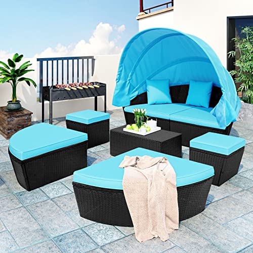 Recaceik 6 Pieces Outdoor Patio Furniture Set, Rattan Daybed Sunbed with Retractable Canopy Wicker Furniture & Washable Cushions, Round Outdoor Sectional Sofa Set for Backyard, Porch, Lawn (Blue)