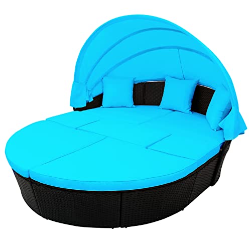 Recaceik 6 Pieces Outdoor Patio Furniture Set, Rattan Daybed Sunbed with Retractable Canopy Wicker Furniture & Washable Cushions, Round Outdoor Sectional Sofa Set for Backyard, Porch, Lawn (Blue)