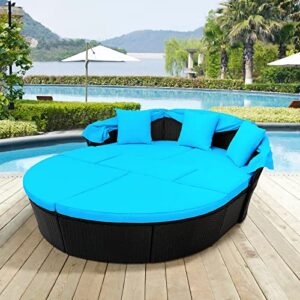 Recaceik 6 Pieces Outdoor Patio Furniture Set, Rattan Daybed Sunbed with Retractable Canopy Wicker Furniture & Washable Cushions, Round Outdoor Sectional Sofa Set for Backyard, Porch, Lawn (Blue)