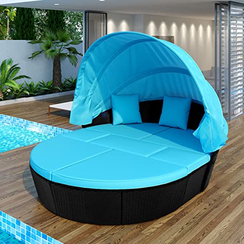 Recaceik 6 Pieces Outdoor Patio Furniture Set, Rattan Daybed Sunbed with Retractable Canopy Wicker Furniture & Washable Cushions, Round Outdoor Sectional Sofa Set for Backyard, Porch, Lawn (Blue)