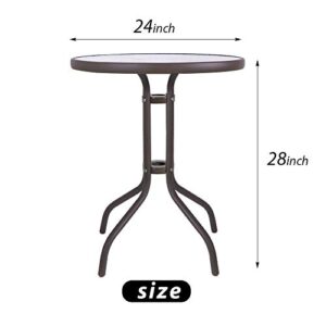 24" Patio Dining Table Round Bistro Table Outdoor Furniture Garden Table with Frame Tempered Glass Top for Backyard Lawn Balcony Pool, Brown