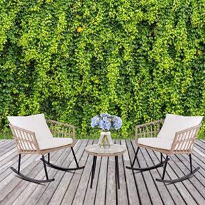 patio outdoor boho balcony furniture rocking chairs set,3-piece wicker rattan small patio conversation rocking chairs and glass table,3 piece chat set with waterproof cushions