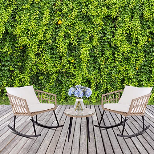 Patio Outdoor Boho Balcony Furniture Rocking Chairs Set,3-Piece Wicker Rattan Small Patio Conversation Rocking Chairs and Glass Table,3 Piece Chat Set with Waterproof Cushions