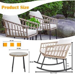 Patio Outdoor Boho Balcony Furniture Rocking Chairs Set,3-Piece Wicker Rattan Small Patio Conversation Rocking Chairs and Glass Table,3 Piece Chat Set with Waterproof Cushions