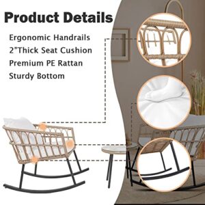 Patio Outdoor Boho Balcony Furniture Rocking Chairs Set,3-Piece Wicker Rattan Small Patio Conversation Rocking Chairs and Glass Table,3 Piece Chat Set with Waterproof Cushions