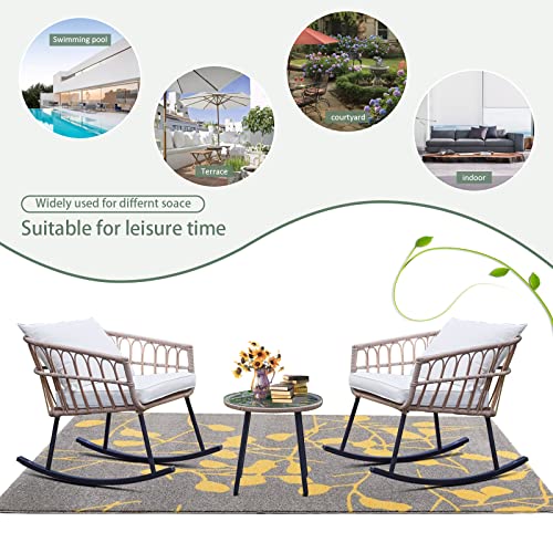 Patio Outdoor Boho Balcony Furniture Rocking Chairs Set,3-Piece Wicker Rattan Small Patio Conversation Rocking Chairs and Glass Table,3 Piece Chat Set with Waterproof Cushions