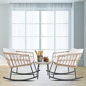 Patio Outdoor Boho Balcony Furniture Rocking Chairs Set,3-Piece Wicker Rattan Small Patio Conversation Rocking Chairs and Glass Table,3 Piece Chat Set with Waterproof Cushions