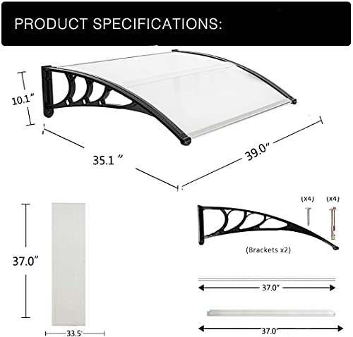 Choies 40" x 40" Window Awning Polycarbonate Door Canopy Cover Outdoor Patio Front Door Garden Awning Canopy UV Rain Snow Sunlight Protection One Piece Hollow Sheet (White)