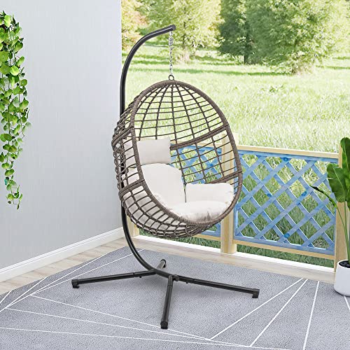 MAYPEX Outdoor Wicker Basket Swing Chair W Stand and Cushion White