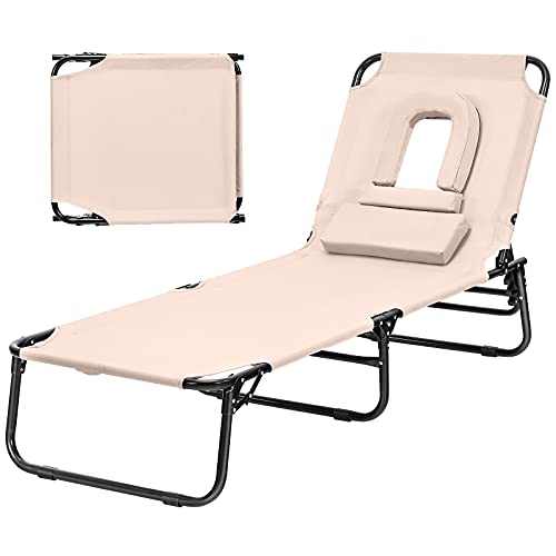 Giantex Outdoor Chaise Lounge Chair - Folding Beach Chair with 5 Adjustable Positions, Hole, Detachable Pillow, Hand Ropes, Lounger for Sunbathing, Poolside, Yard, Patio Lawn Chair (1, Beige)