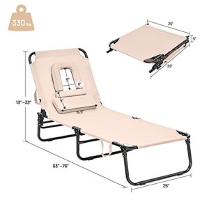 Giantex Outdoor Chaise Lounge Chair - Folding Beach Chair with 5 Adjustable Positions, Hole, Detachable Pillow, Hand Ropes, Lounger for Sunbathing, Poolside, Yard, Patio Lawn Chair (1, Beige)