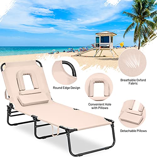 Giantex Outdoor Chaise Lounge Chair - Folding Beach Chair with 5 Adjustable Positions, Hole, Detachable Pillow, Hand Ropes, Lounger for Sunbathing, Poolside, Yard, Patio Lawn Chair (1, Beige)