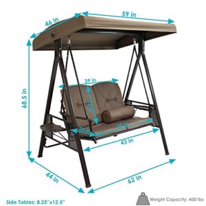 Sunnydaze Outdoor Porch Swing Loveseat with Adjustable Canopy and Steel Frame, Cushions and Pillow Included, 2-Person Patio Seater, Beige