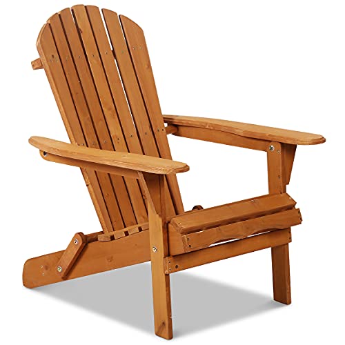 Adirondack Chair Patio Outdoor Chairs Folding Weather Resistant Lawn Chair w/Arms Solid Wood Reclining Fire Pit Chair for Deck, Backyard, Pool, Natural