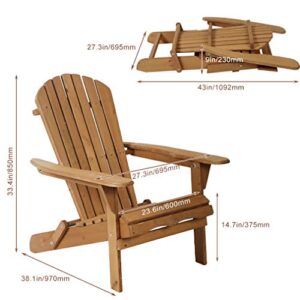 Adirondack Chair Patio Outdoor Chairs Folding Weather Resistant Lawn Chair w/Arms Solid Wood Reclining Fire Pit Chair for Deck, Backyard, Pool, Natural