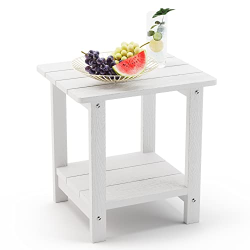 LUE BONA Adirondack Outdoor Side Table, 2-Tier White Poly Patio End Table Weather Resistant, Morden Side Table for Patio, Pool, Porch