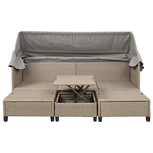 Danxee 4 Piece UV-Proof Resin Outdoor Sectional Sofa Set Patio Rattan Daybed with Retractable Canopy, Wicker Patio Sofa Set with Cushions, Pillows, and Lifting Table