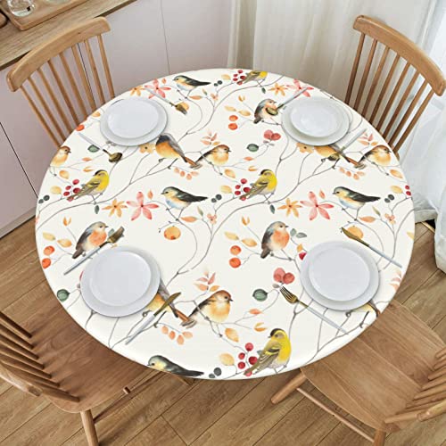 Elastic Edged Round Bird Fitted Table Cloth Cover, Home Decorative Tablecloth for Indoor Outdoor Kitchen Party, Fits 40" - 44" Tables, Small