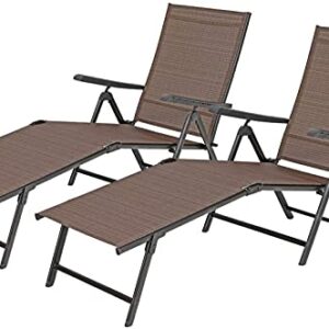 MFSTUDIO 2 Piece 5 Stages Adjustable Folding Lounge Deck Chair,Outdoor Patio Metal Beach Yard Pool Recliner Chaise - Brown