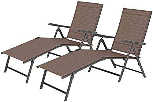 MFSTUDIO 2 Piece 5 Stages Adjustable Folding Lounge Deck Chair,Outdoor Patio Metal Beach Yard Pool Recliner Chaise - Brown