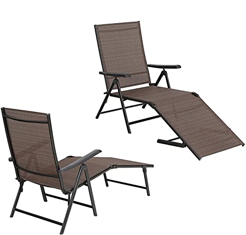 MFSTUDIO 2 Piece 5 Stages Adjustable Folding Lounge Deck Chair,Outdoor Patio Metal Beach Yard Pool Recliner Chaise - Brown