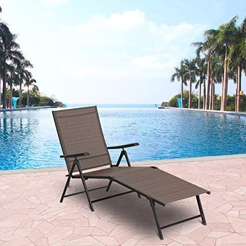 MFSTUDIO 2 Piece 5 Stages Adjustable Folding Lounge Deck Chair,Outdoor Patio Metal Beach Yard Pool Recliner Chaise - Brown