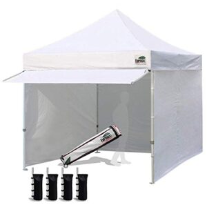 eurmax usa 10 x 10 pop up canopy commercial pop up canopy tent outdoor party canopies with 4 removable zippered sidewalls and roller bag with 4 canopy sand bags & 24 squre ft extended awning(white)