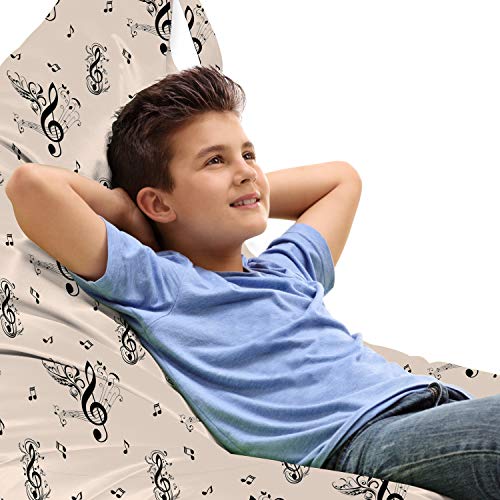 Lunarable Music Lounger Chair Bag, Repetitive Musical Written Notes Treble Clefs Illustration on Plain Backdrop, High Capacity Storage with Handle Container, Lounger Size, Champagne and Black