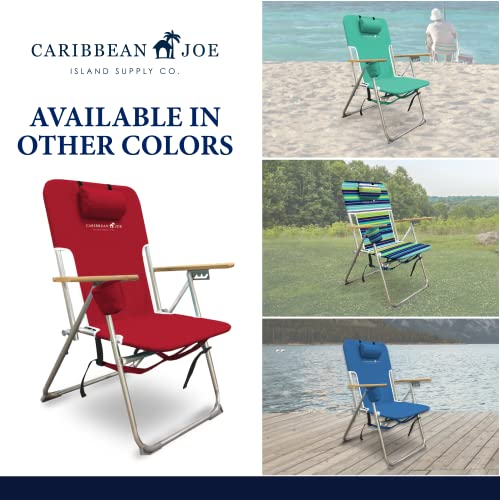 Caribbean Joe Folding Beach Chair, 4 Position Portable Backpack Foldable Camping Chair with Headrest, Cup Holder, and Wooden Armrests, Red, 33.5"D x 3"W x 25"H