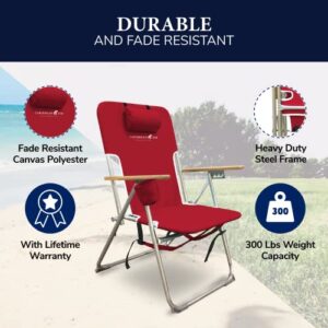 Caribbean Joe Folding Beach Chair, 4 Position Portable Backpack Foldable Camping Chair with Headrest, Cup Holder, and Wooden Armrests, Red, 33.5"D x 3"W x 25"H