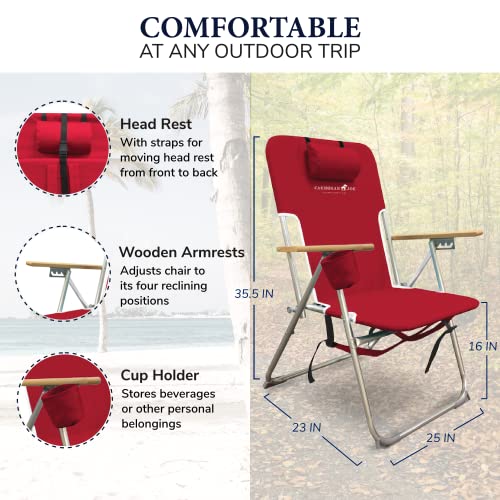 Caribbean Joe Folding Beach Chair, 4 Position Portable Backpack Foldable Camping Chair with Headrest, Cup Holder, and Wooden Armrests, Red, 33.5"D x 3"W x 25"H