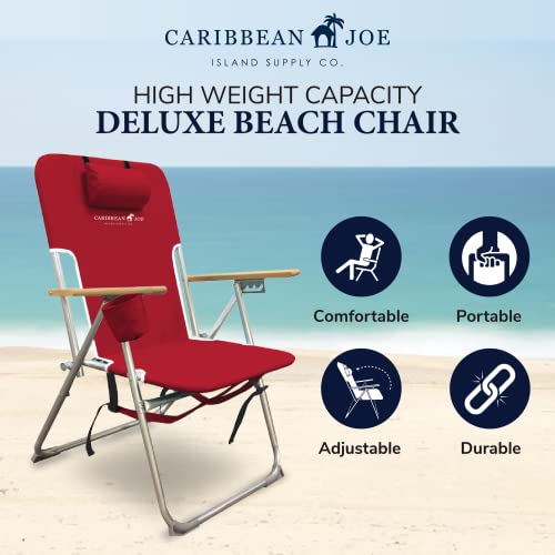 Caribbean Joe Folding Beach Chair, 4 Position Portable Backpack Foldable Camping Chair with Headrest, Cup Holder, and Wooden Armrests, Red, 33.5"D x 3"W x 25"H